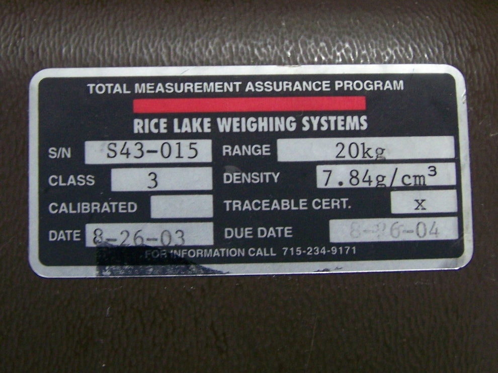 RICE LAKE WEIGHING SYSTEMS RANGE 20kg SN S43-015 CLASS 3 / DENSITY 7.8 ...
